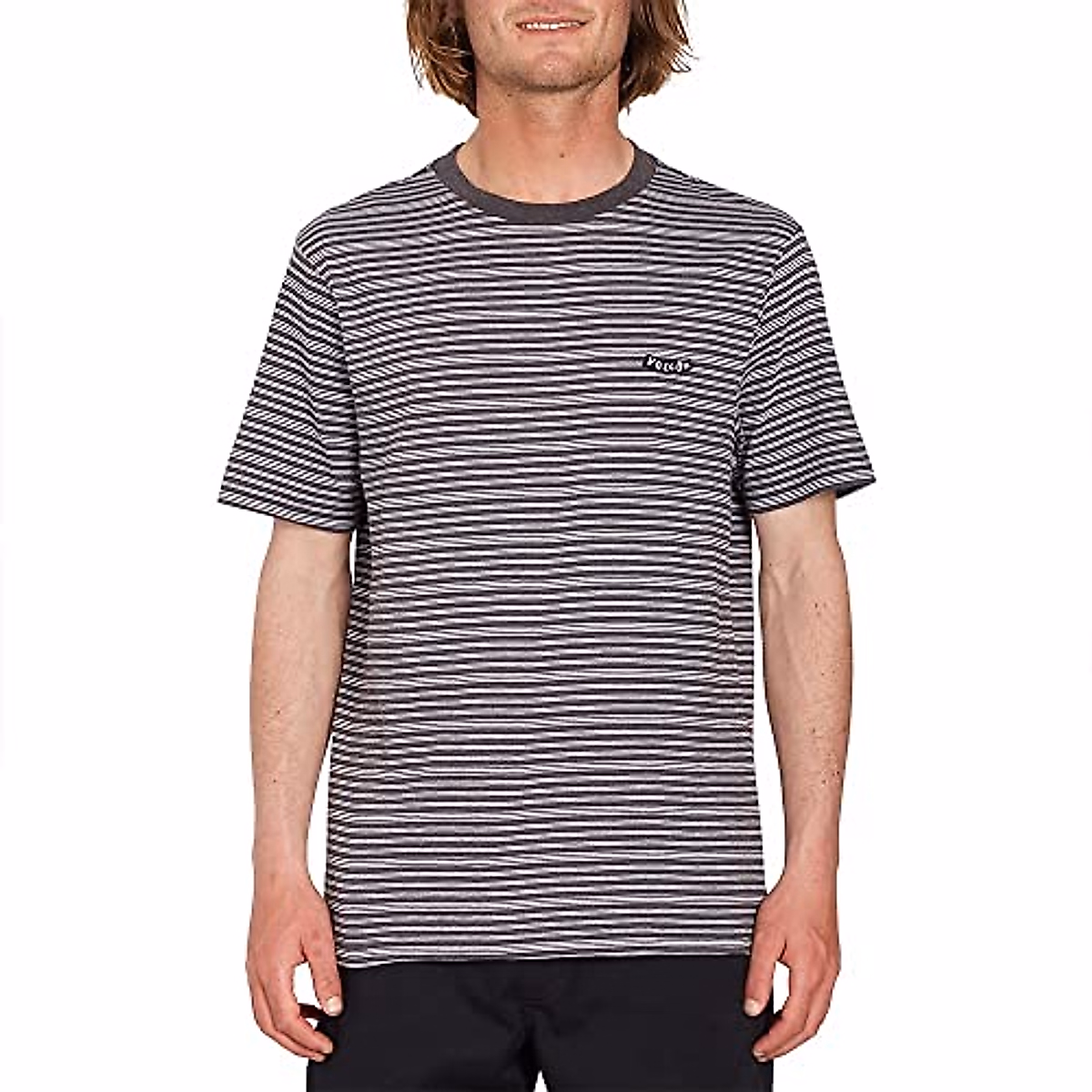 Volcom Men's Regular Static Stripe Crew Shirt, Black, Medium