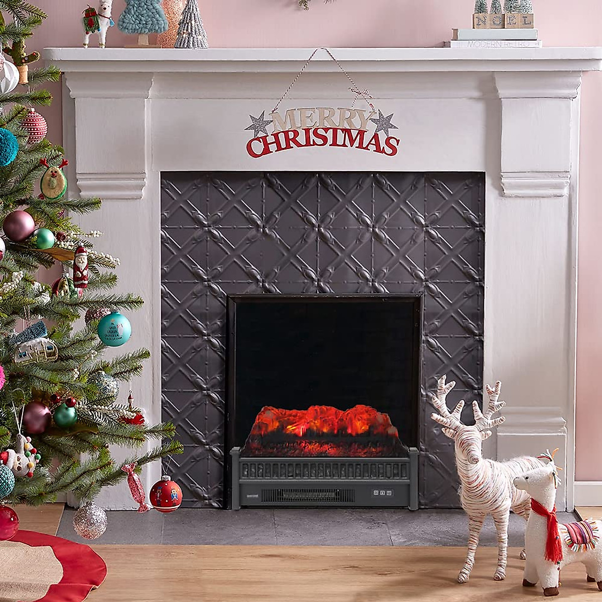 Tesmula 23 Inch Fake Wood Without Frame Embedded 1400W Single Color Electric Fireplaces, Fake Wood, Heating Wire, with Small Remote Control Black