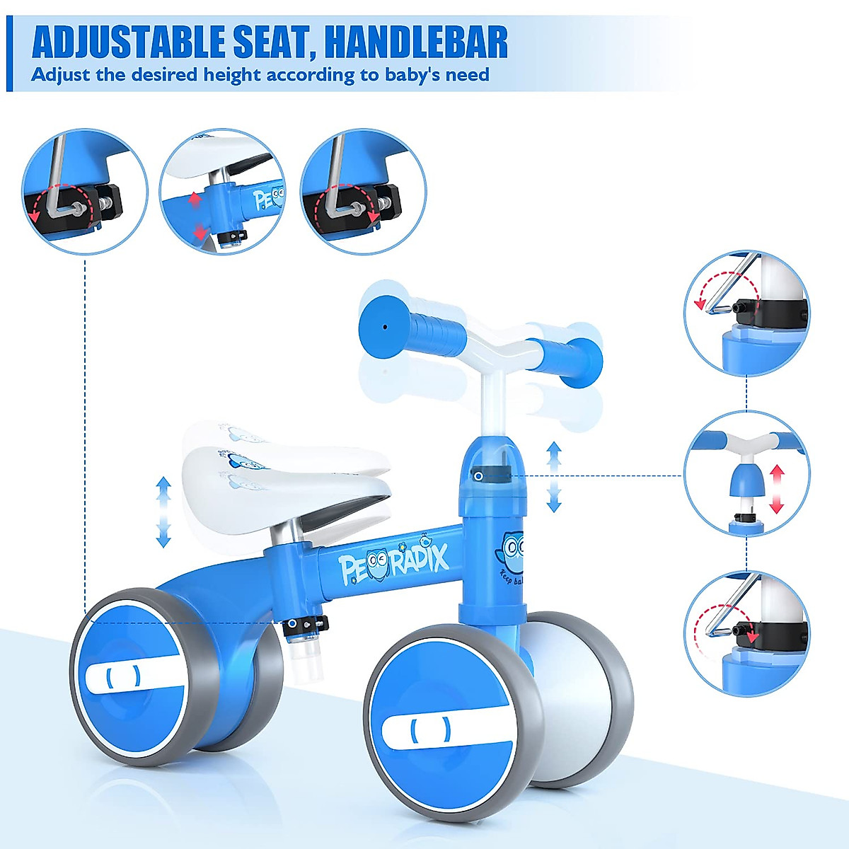 Peradix Baby Balance Bikes Adjustable Bicycle | Riding Toys for 10 Months Old Toddlers Children Boys Girls | No Pedal Silent Wheels Bicycle | Best First Birthday Gift