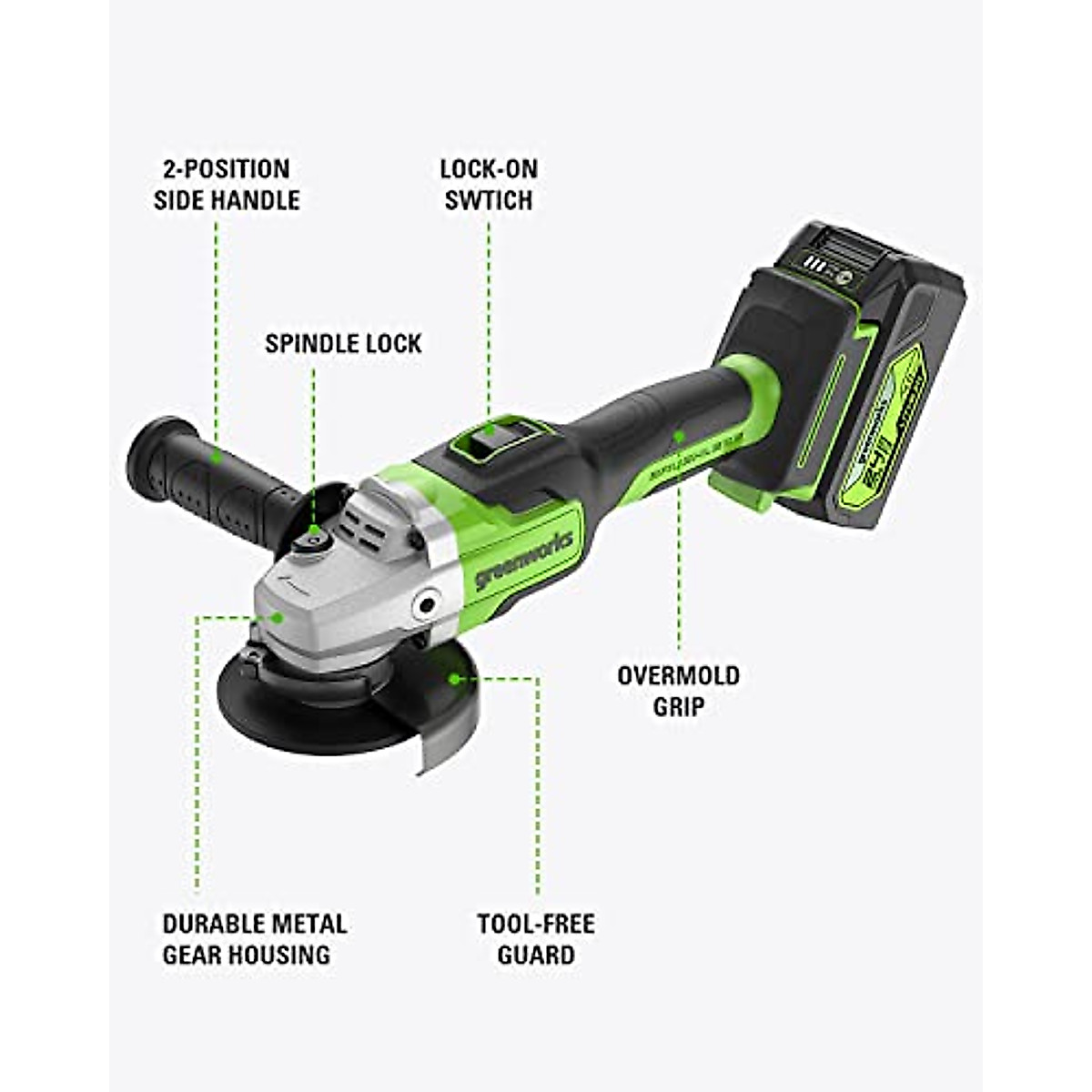 Greenworks 24V Brushless Angle Grinder with 4Ah USB (Power Bank) Battery and Charger