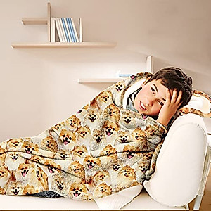 SOULZZZ Pomeranian Throw Blanket Fuzzy Cute Puppy Dog Flannel Blanket Throw Plush Animal Pattern Dog Blanket Twin for Bed Couch Carrier Travel 2-Piece Blanket 30x40 Inches & 60x80 Inches