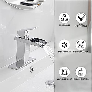BWE Waterfall Bathroom Faucet Chrome Polished Modern Sink Bath Single Hole Handle Lavatory Vanity Washbasin Mixer Tap Brass Material with Water Faucets Supply Hose