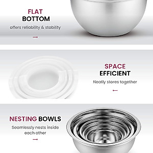 FineDine Stainless Steel Mixing Bowls Set with Lids, Home Kitchen Cooking Essentials Household Must Haves for Baking, 5 Pieces