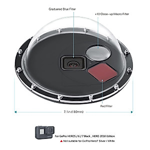 SOONSUN Waterproof Dome Port for GoPro Hero 5 Black Hero 6 Black Hero 7 Black Hero (2018) Camera, Underwater Dome Housing with Filters for GoPro Hero 5 6 7 Black, Built-in Red and 10x Close-up Filters