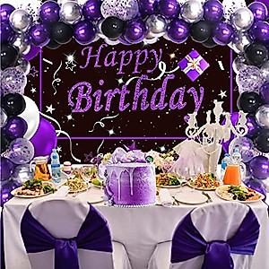 Black Purple Birthday Decorations, Happy Birthday Backdrop for Women Girls Men 13th 16th 18th 21st 30th 40th 50th 60th Birthday Party Decorations Purple, Black Silver and Purple Balloon Arch Kit