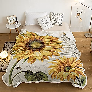 AmbeHome Luxury Sherpa Fleece Blanket, Sunflower Sherpa Blanket Fuzzy Throw Blanket Soft Plush Blankets and Throws for Bed Sofa, 50x60 Vintage Floral Bee Illustraction