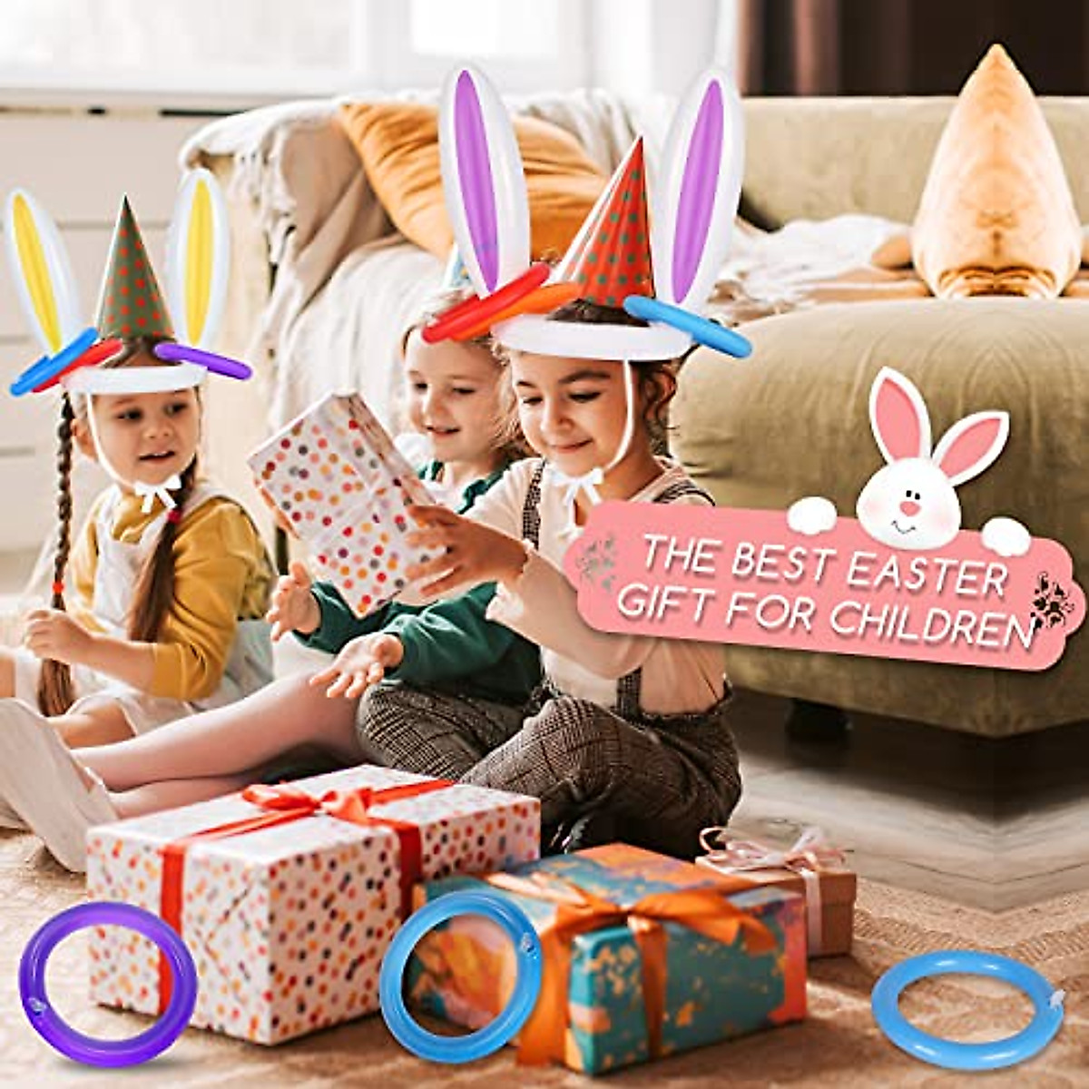 Easter Game Inflatable Bunny Ring Toss Games 2 Sets & 8 Rings, Inflatable Ring Toss Games 11Pcs with Pump for Easter Party Favors Indoor Outdoor Games