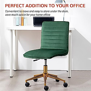 Furniliving Velvet Home Office Chair, Armless Vanity Desk Task Chair with Wheels 360° Swivel Computer Rolling Desk Chair with Back, Adjustable Accent Chair with Gold Metal Base Stool Chair (DarkGreen)