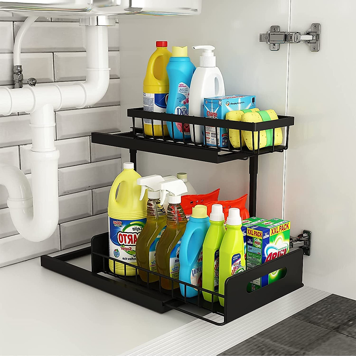 Under The Sink 2-Tier Sliding Organizer - Kitchen And Bathroom Cabinet Storage- Sturdy L-Shaped, Pull Out Shelf - Ideal for Kitchen, Bathroom, Cabinet, and Countertop - Black Metal