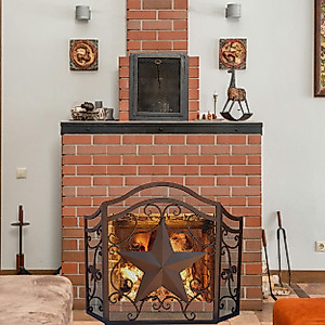 BestGiftEver 3-Panel Fireplace Screen Decorative with Stars & Scrolls Detail - Stand Alone Fireplace Cover Metal Mesh Screen - Home Decor for Cabin, Lodge, and Rustic Country Style Firescreen