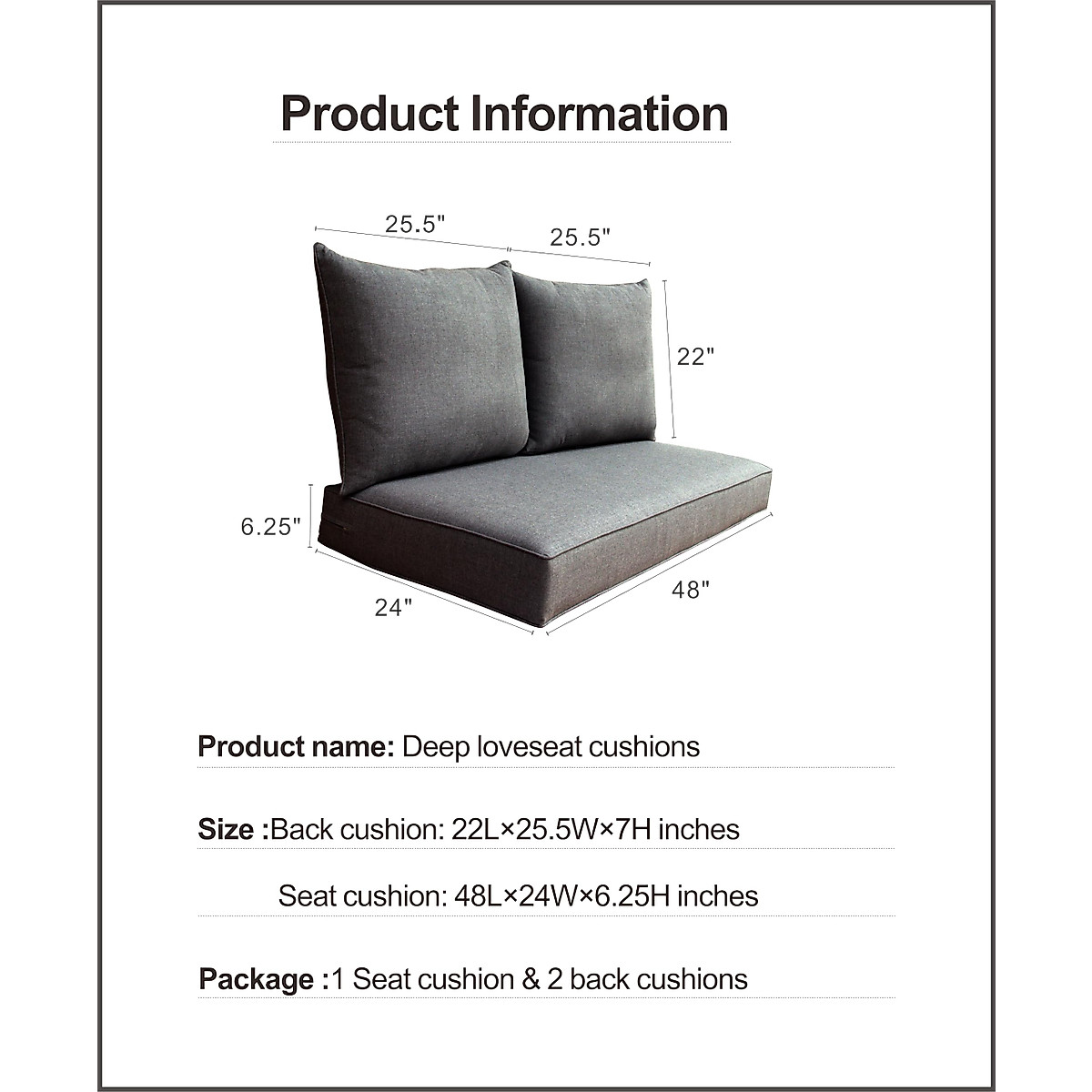 BOSSIMA Outdoor Patio Cushions Deep Loveseat Chair Cushions Furniture Cushions, Sunbrella Cast Slate