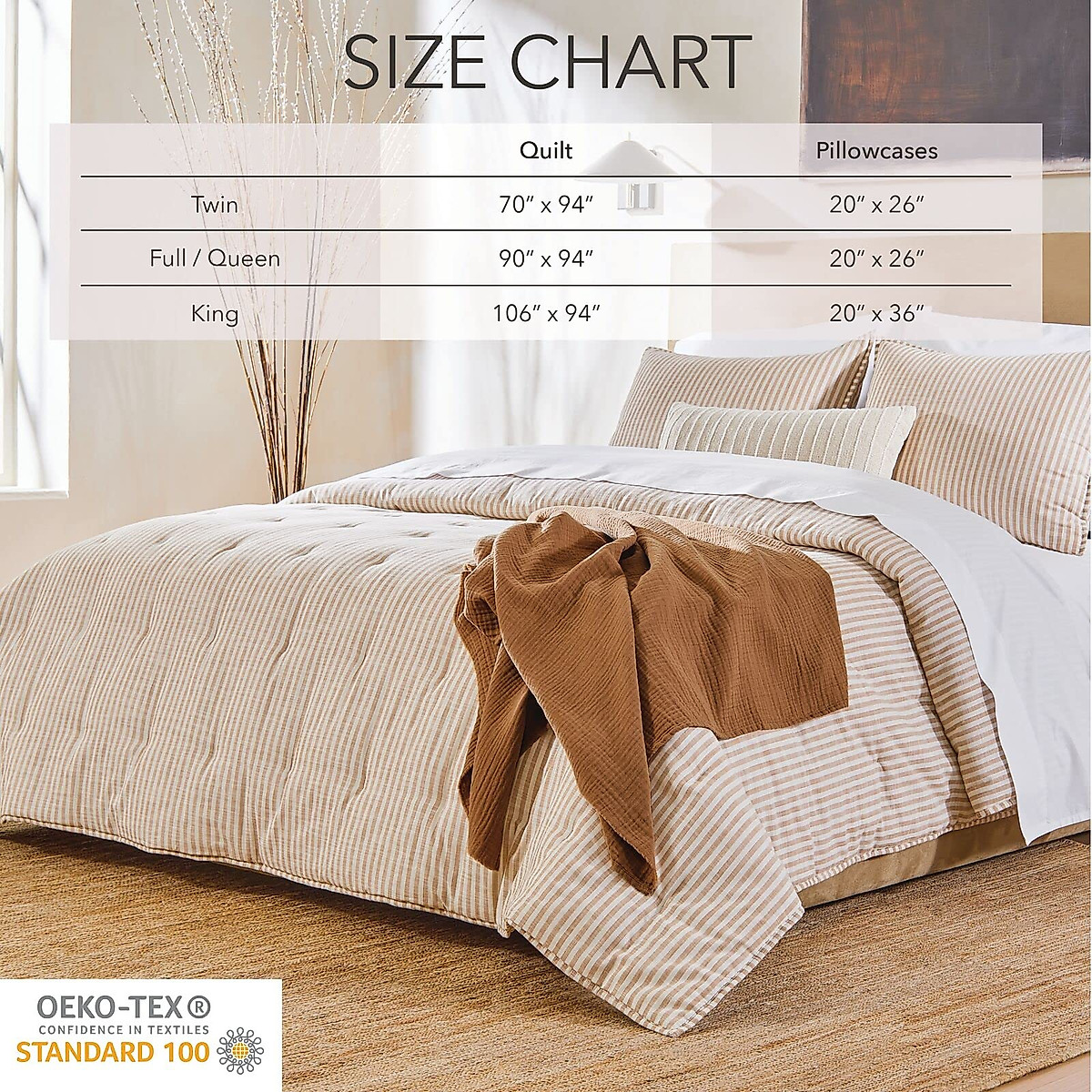 Nate Home by Nate Berkus All-Season Cotton Percale Painted Stripe Quilt 3 Piece Quilt Set, Comfortable Bedding from mDesign, King, Includes 1 Quilt, 2 Pillow Shams - Pearl/Fossil (Beige/Taupe)