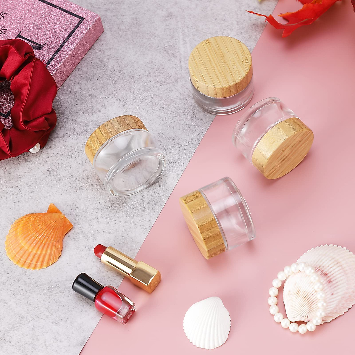 1.7 OZ/50 ML Clear Round Glass Jars with Bamboo Wood lids and Inner Liners, Travel Glass Jars, Refillable Cosmetic Containers for Lip Balm, Ointments, Lotion, Makeup, Eyeshadow, Slime, Paint and