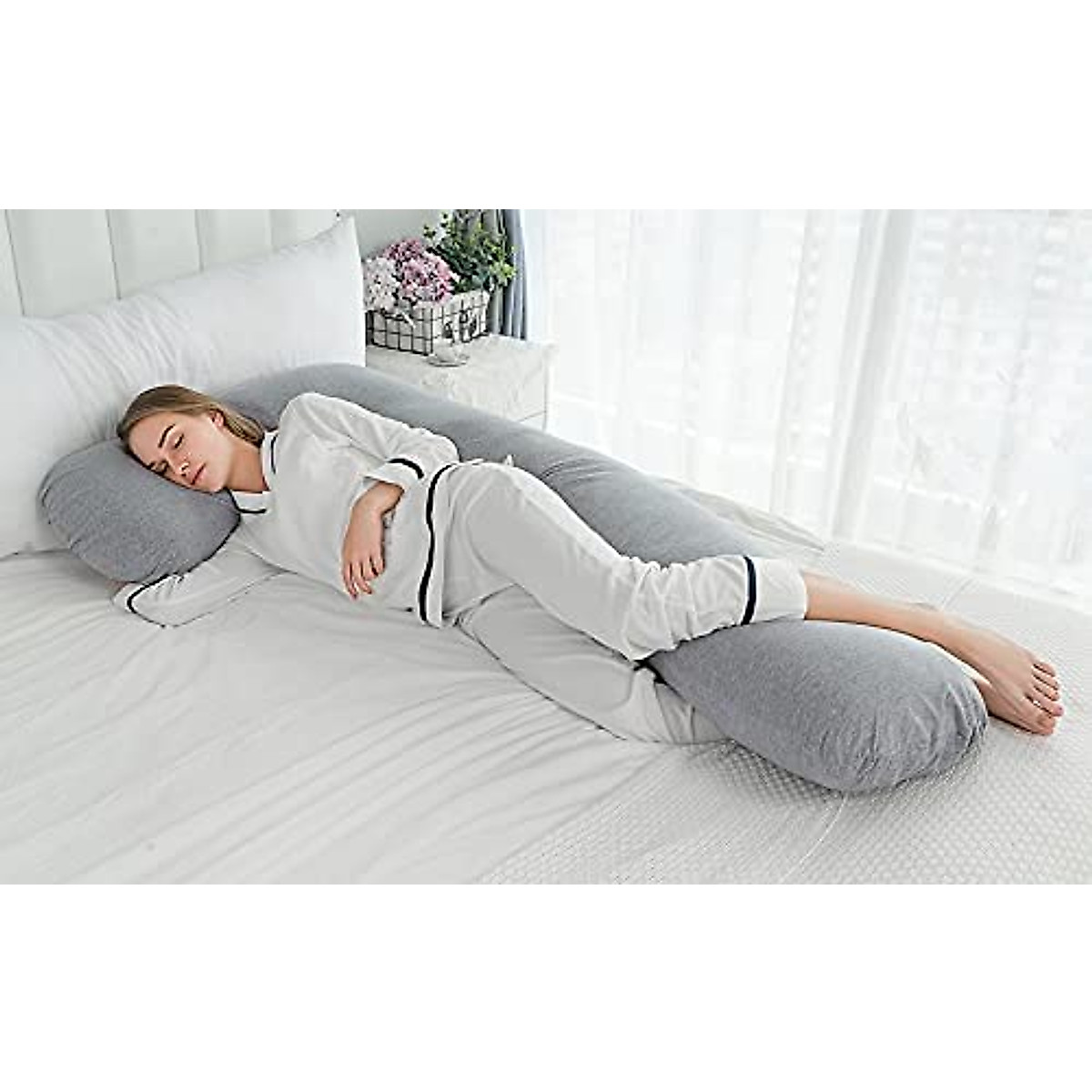 AngQi Body Pregnancy Pillow with Jersey Cover, L Shaped Full Body Pillow for Pregnant Women and Side Sleeping