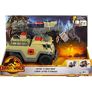 Mattel Jurassic World Dominion Capture & Crush Truck & Dino Playset with Velociraptor Action Figure, Vehicle Features Tranq Shooter, Crane & 2 Breakaways