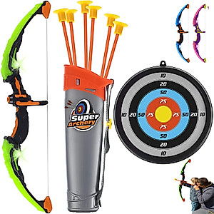 ToyVelt Kids Bow and Arrow Set - LED Light Up, Archery Set Comes with 6 Suction Cup Arrows, Target & Quiver, Indoor and Outdoor Toys for Children Boys Girls, Best Gift (Bow and Arrow for Kids)