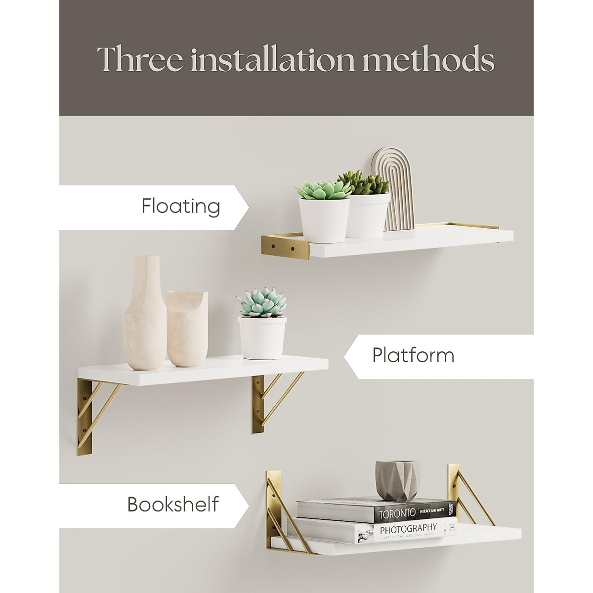 BAYKA Wall Shelves for Bedroom Decor, Floating Wall Shelves for Living Room Kitchen Storage, Wall Mounted Rustic Wood Shelves for Kids Books, Small Shelf for Bathroom(White and Gold，Set of 3)