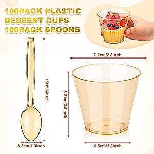 100 Sets 5 oz Dessert Cups with Spoons Plastic Color Cups for Desserts Ice Cream Parfait Sundae Fruit Pudding (Gold)