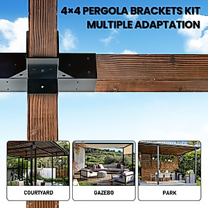 Anman 4-Way Right Angle Corner Wood Brackets(Alloy Steel) with Screws for 4x4 (Actual: 3.5x3.5), DIY Pergola Kit/Gazebo Kit/Patio/Sheds (4 Way pergola Brackets & Flange Anchor Bases (2 PCS))