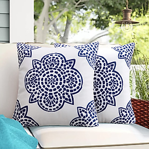 cygnus 18x18 Inch White and Navy Blue Throw Pillow Covers Floral Outdoor Waterproof for Patio Furniture Sunbrella Outside Set of 2