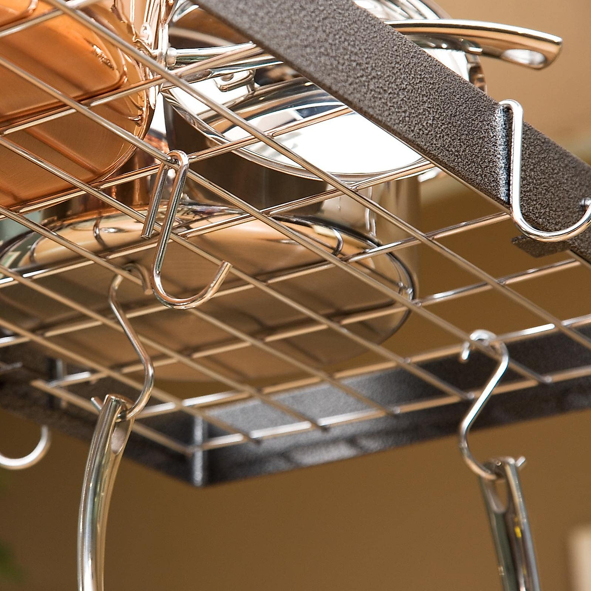 Rogar Hammered Steel Rectangular Pot Rack with Grid and Chrome Accessories 30-in.