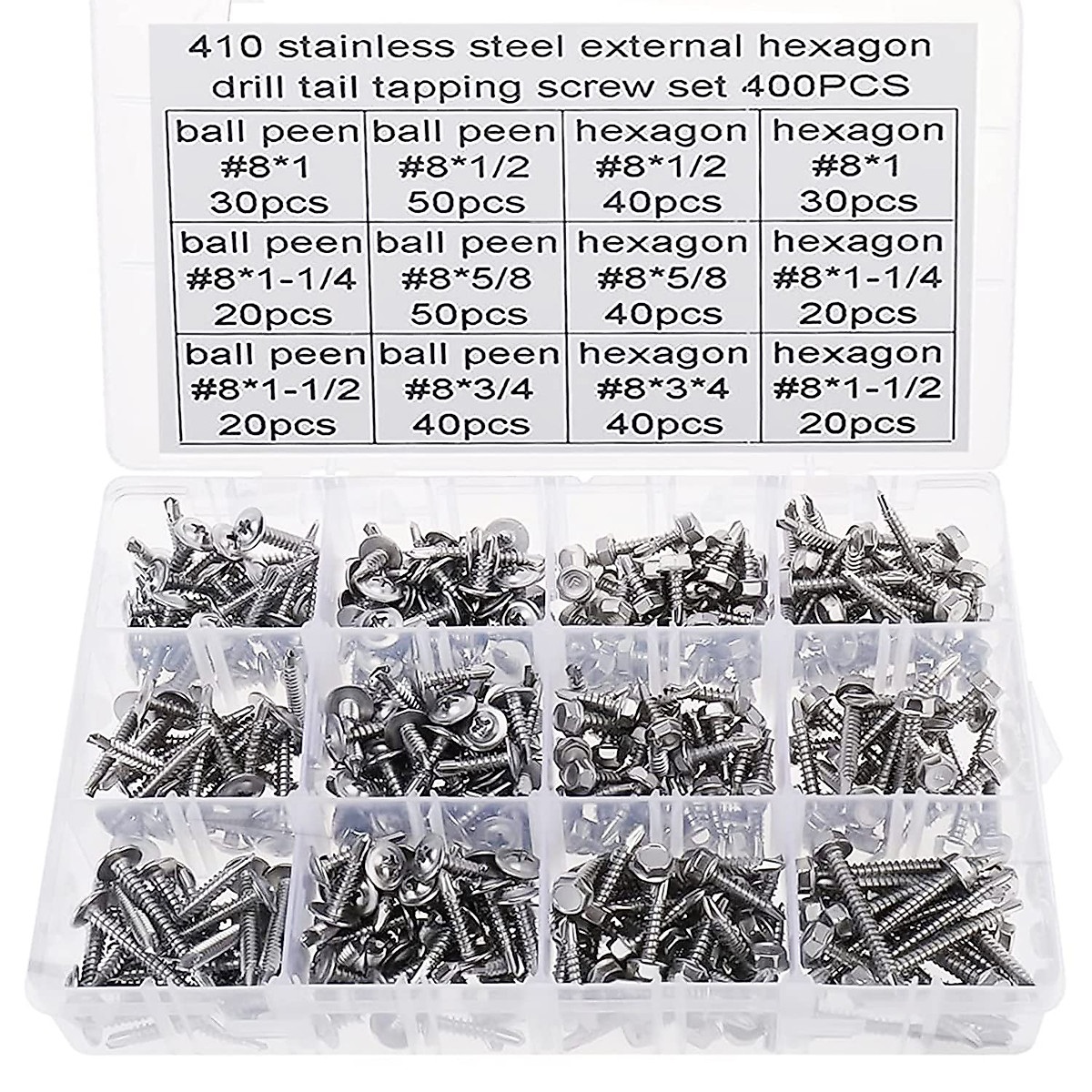 Toolly 400PCS #8 x 1/2" to 1-1/2" Self Drilling TEK Screws Assortment Kit, Hex Washer Head & Wafer Head, 410 Stainless Steel Self Tapping Sheet Metal Screws for Metal, Wood, Plastics