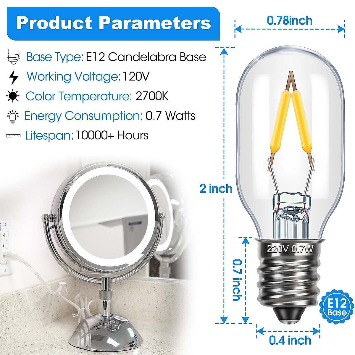 Glooglitter Replacement LED Bulbs Compatible with Conair Makeup Mirror, E12 Candelabra Base T20 Light Bulbs, 2W 120V Replacement Bulbs Compatible with Conair Lighted Makeup Mirror - 2 Clear 2 Blue