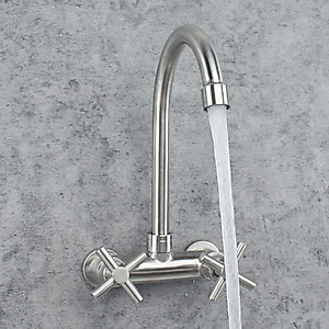 UMANYI Commercial Kitchen Faucets Wall Mount 4 inch Center Stainless Steel Brushed Nickel Utility Laundry Sink Faucet RV Faucet with High Arc Spout 2 Handle SSKF09-3