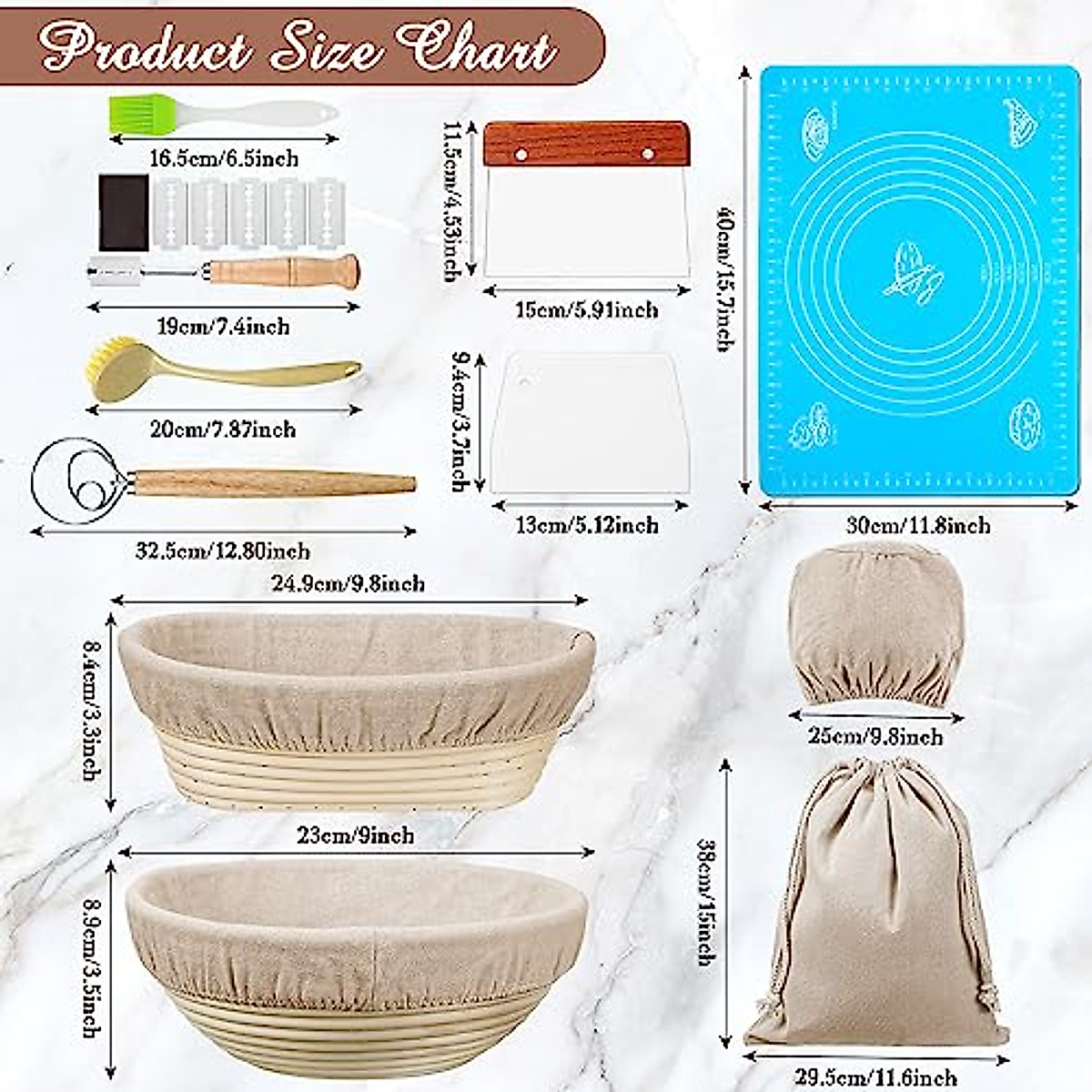 Yaomiao 13 Pcs Banneton Bread Proofing Basket Set, Bread Proofing Basket Rattan with Liner, Sourdough Bread Making Kits for Starter Professional Baker Gift (Round, Oval,9 Inch, 10 Inch)