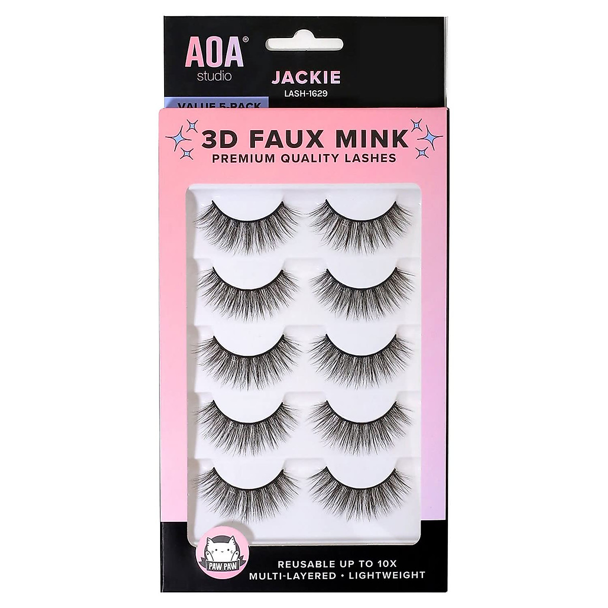 AOA Studio 3D False Eyelash 5 Pairs Natural Handmade Eyelashes Natural Volume Reusable Soft Makeup False Eyelashes 100 Percent Handmade Cruelty Free (Jackie)