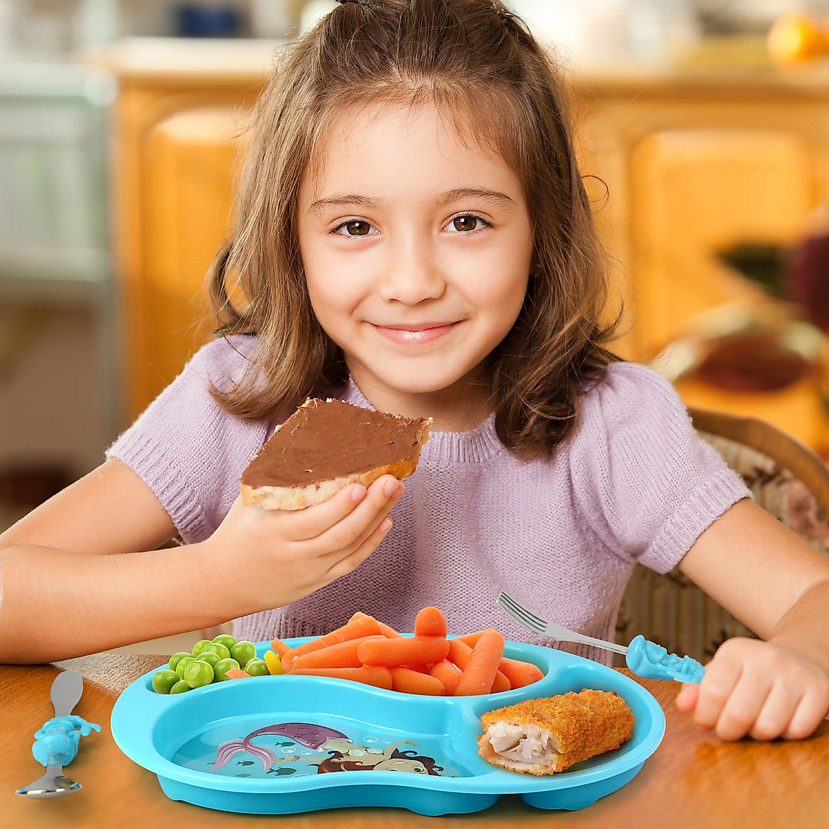 Kids Divided Plate with Utensils - Children's Meal Set with Plate, Fork and Spoon - Mermaid