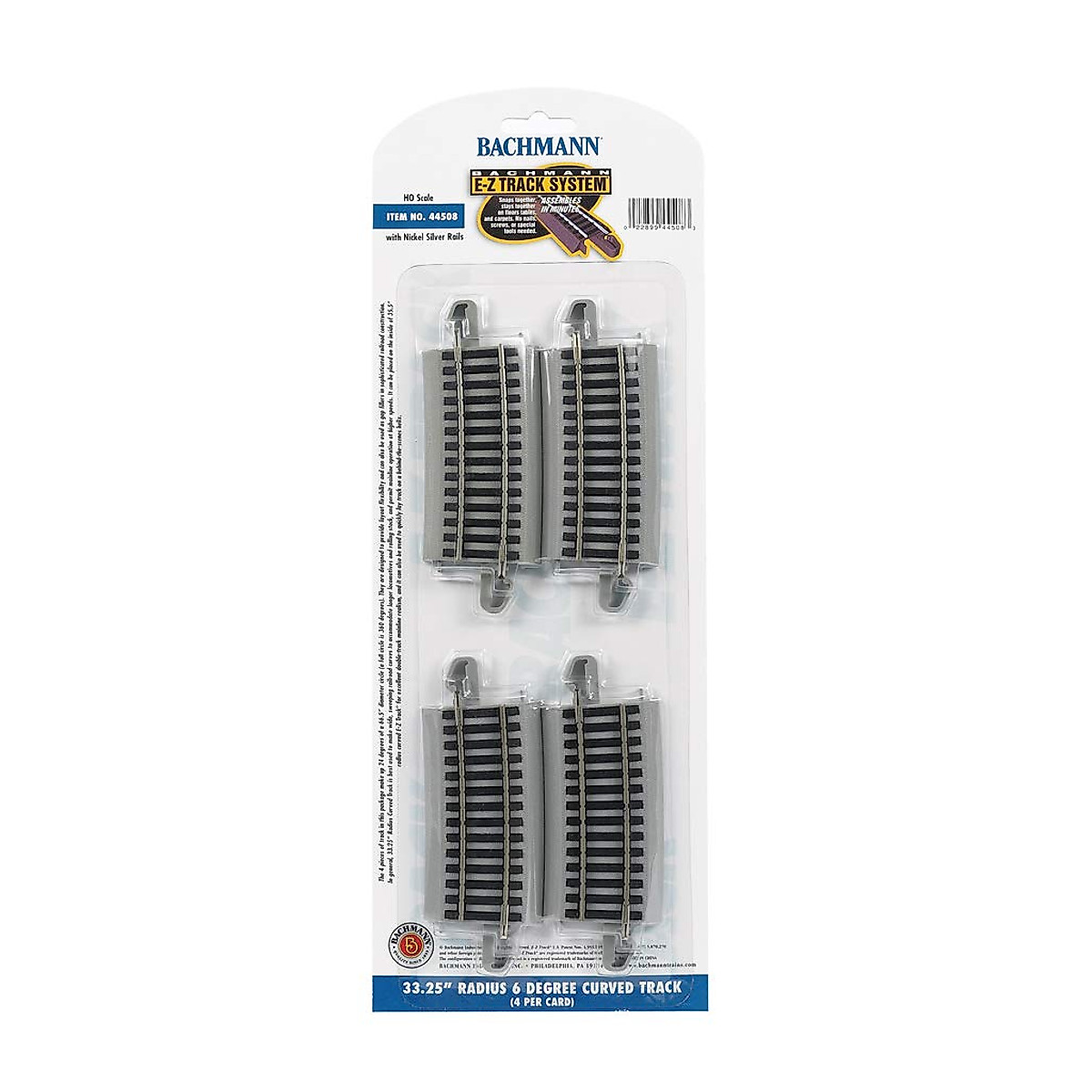 Bachmann Trains - Snap-Fit E-Z TRACK 33.25” RADIUS 6 DEGREE CURVED TRACK (4/card) - NICKEL SILVER Rail With Gray Roadbed - HO Scale