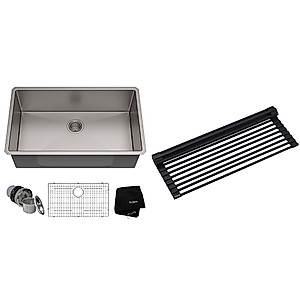 Kraus KHU100-32 Standart PRO 16 Gauge Undermount Single Bowl Stainless Steel Kitchen Sink, 32 Inch and KRAUS Multipurpose Over-Sink Roll-Up Dish Drying Rack, Colander and Trivet in Black, KRM-10BLACK
