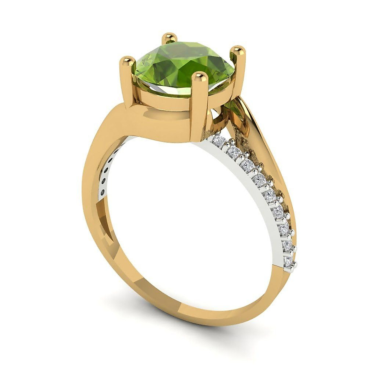 Clara Pucci 1.9ct Round Cut Solitaire Genuine Natural Pure Green Peridot designer Statement with accent Ring 14k 2 tone Yellow Gold