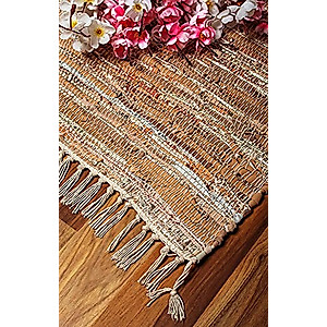 Leather Multi Rug Hand Woven and Hand Stiched, Made of Genuine Leather Strips, Fringe Trim, Durable, Stain Resistant, Leather Chindi Rug, Living Room Leather Rug, Eco Friendly - Beige 36x48 Inch