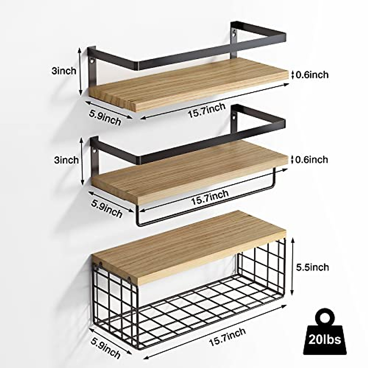 Fixwal 3+1 Tier Wall Mounted Floating Shelves with Metal Frame, Rustic Wood Bathroom Shelves Over Toilet with Wire Storage Basket and Towel Bar for Bathroom, Kitchen, Bedroom (Rustic Brown)