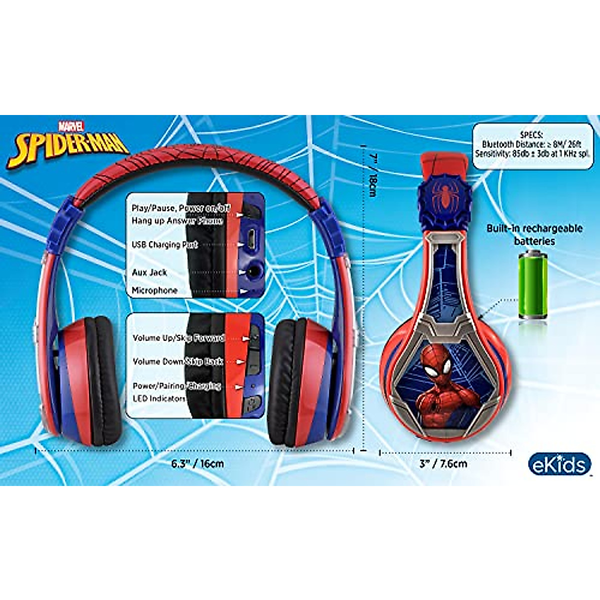 eKids Spiderman Bluetooth Kids Headphones with Microphone, Volume Reduced to Protect Hearing Rechargeable Battery, Adjustable Kids Headband for School Home or Travel