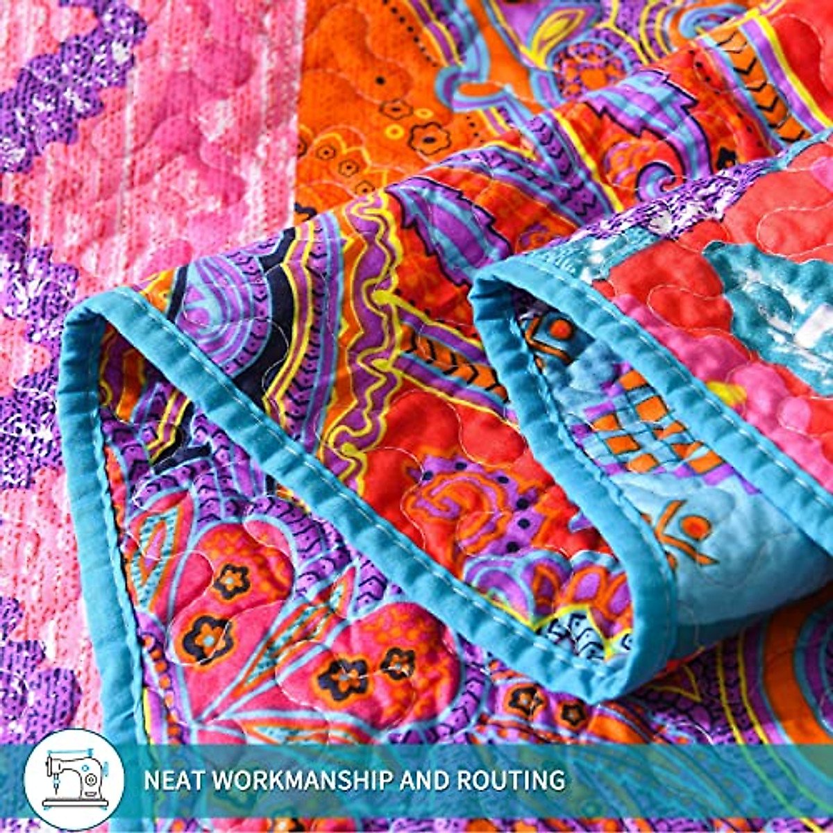 Qucover Boho Quilt Throw, Soft Microfiber Pink Blue Bohemian Bed Spread, Ethnic Style Lightweight Quilt Throw Blanket for Couch Sofa (Small Single)