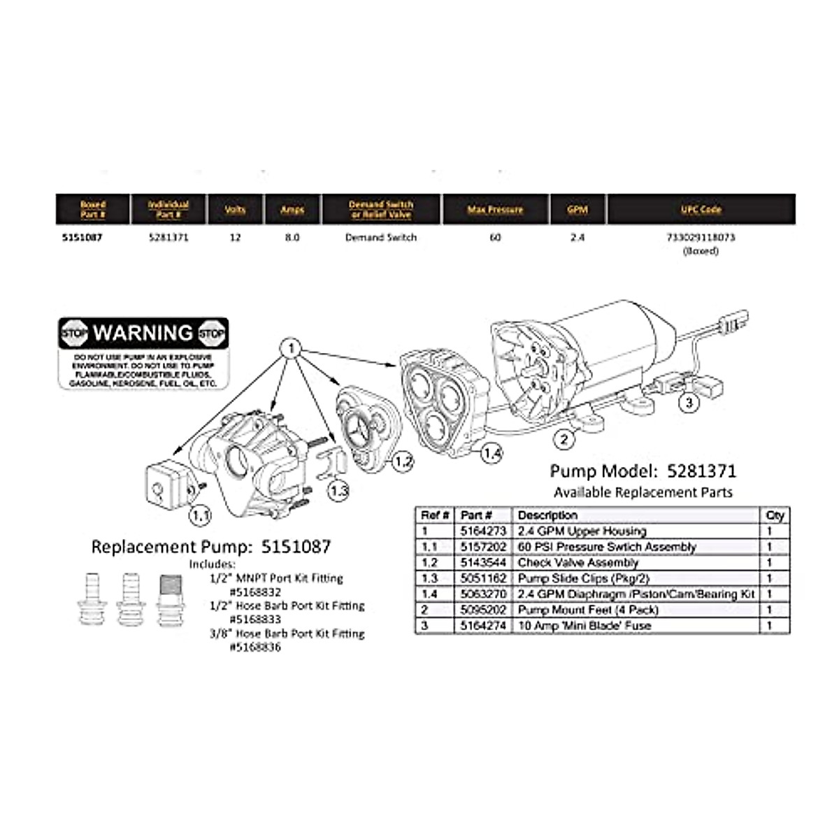 AG SOUTH 5151087 2.4 GPM 12 Volt High Performance (Hi Flo) Diaphragm Sprayer Pump 60 PSI Max 10 Amps Approved for use w/Roundup (Upgrade)