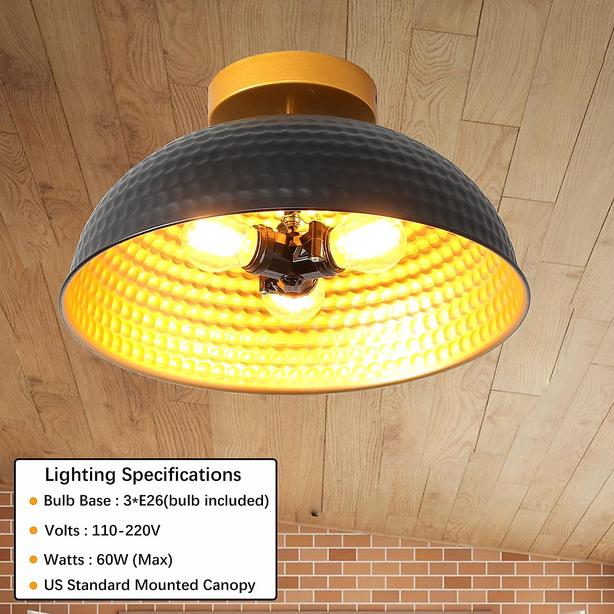 JackLove Semi Flush Mount Ceiling Light Fixture,Hammered Metal Shade Closed to Ceiling Lamp,3-Light Modern Industrial Ceiling Light for Hallway Entryway Foyer Living Room Badroom