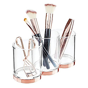 mDesign 3- Section Makeup Brush Organizer for Bathroom Vanity - Plastic Brush Holder for Makeup - Storage Cup for Eyeliner, Lipstick, Concealer - Cosmetic Holder, Lumiere Collection, Clear/Rose Gold