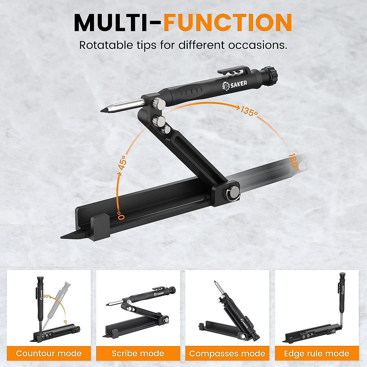 Saker Multi-function Scribing Tool- Construction Pencil- Aluminum Alloy Scribe Tool with Deep Hole Pencil,DIY Woodworking Scribe Gauge Scriber Line Maker Measuring Tool (BLACK)