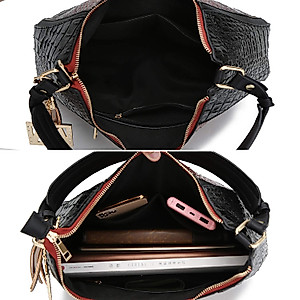 MKF Hobo Bag for Womens Fashion – PU Leather Shoulder Purse Tassel, M Charm – Top Handle Multi-pocket Handbag Black