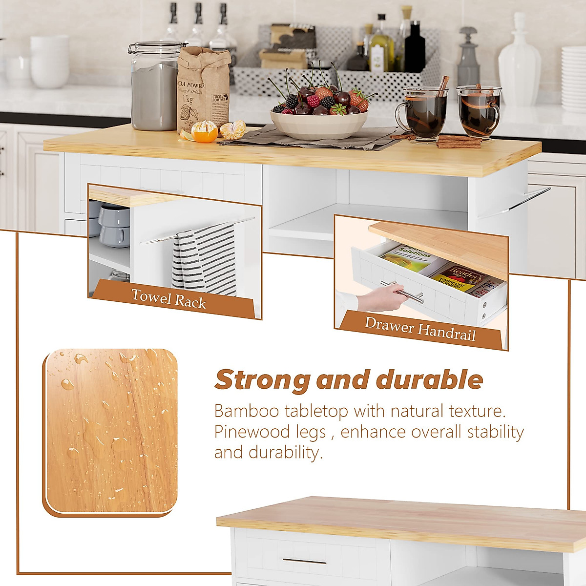 SUNLEI Kitchen Island with Storage Cabinet, 42" Kitchen Cart on Wheels with Shelves, Cart Handle for Towel Rack or Free Mobility, Portable Islands for Kitchen(Stylish White, 42-INCH)