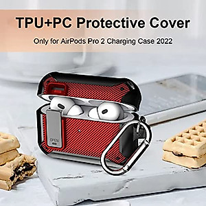 [7in1 Set] for AirPods Pro 2nd Generation Case 2022, with Secure Lock Carbon Fiber Airpod Pro 2 Case for Men Women, Full Body Shockproof Protective Case for AirPods Pro 2nd Generation (2022), Red