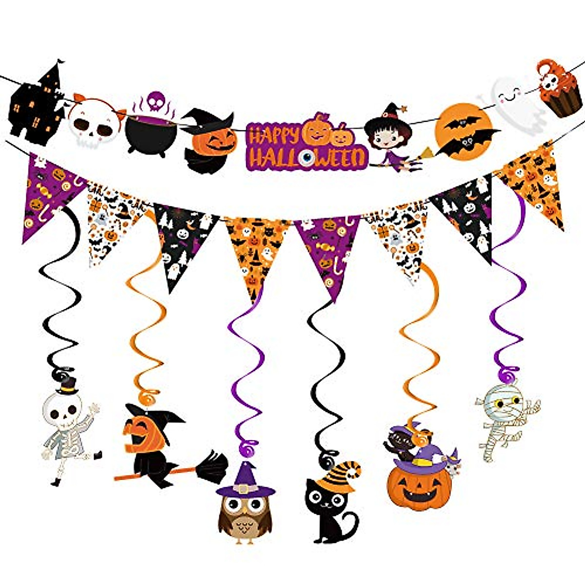 2023 Halloween Banner Party Decoration（Pre-Assembled）Cute Halloween Garland Bunting Banner Triangle Flag with Foil Swirl Ceiling Hanging Cards, Pumpkin Ghost Witches Bat Spider Skull Sticker