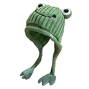 Women Cute Frog Hat Crochet Knitted Hat Big Eye Frog Hat Winter Ear Protective Beanie Knitted Caps Outdoors Green
