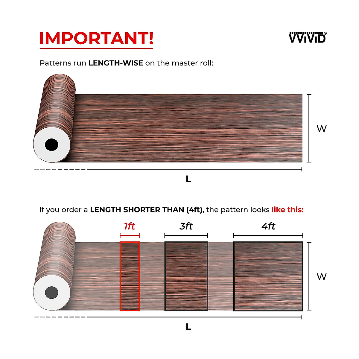 VVIVID High Gloss Red Cedar Striped Wood Grain Faux Finish Textured Vinyl Wrap Roll Sheet Film for Home Office Furniture DIY No Mess Easy to Install Air-Release Adhesive (1ft x 4ft)