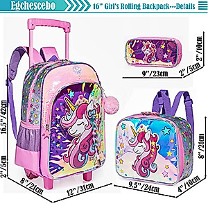 Egchescebo kids Rolling Kid Travel Toddler Duffle Bag Unicorn Backpack for Girls Carry on Luggage Roller Computer Suitcase with Pencil Case and Lunch Box Wheels Wheeled Braid Toy Backpacks Pink