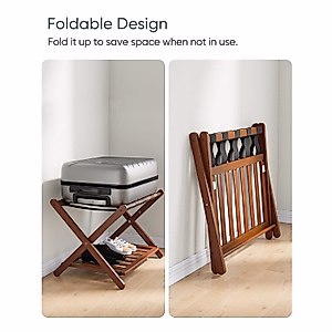 Smart FENDEE Fully Assembled Walnut Luggage Rack with Storage Shelf, Folding Suitcase Stand with 5 Heavy-Duty Straps, Large Wooden Luggage Holders for Guest Room Must Haves, Ideal for Bedroom, Hotel